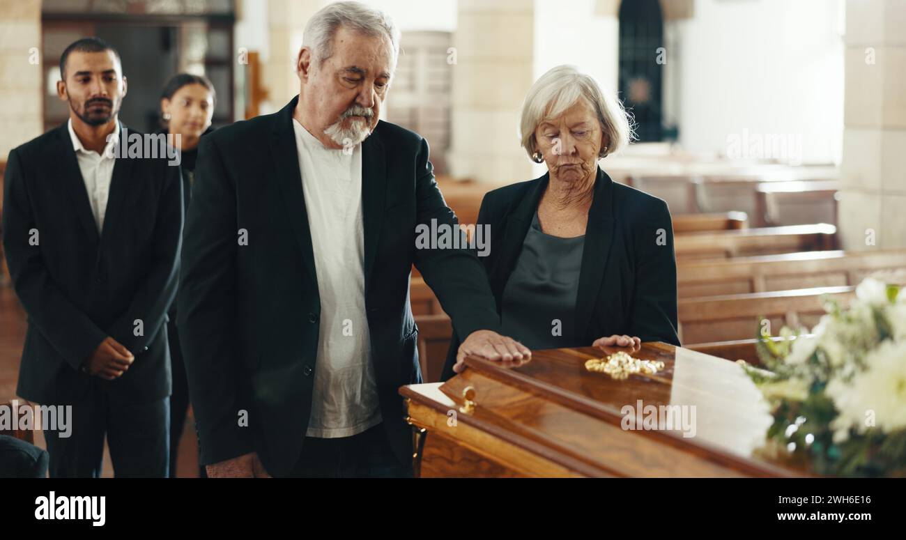 Funeral, grief and death with old woman in church for farewell ...