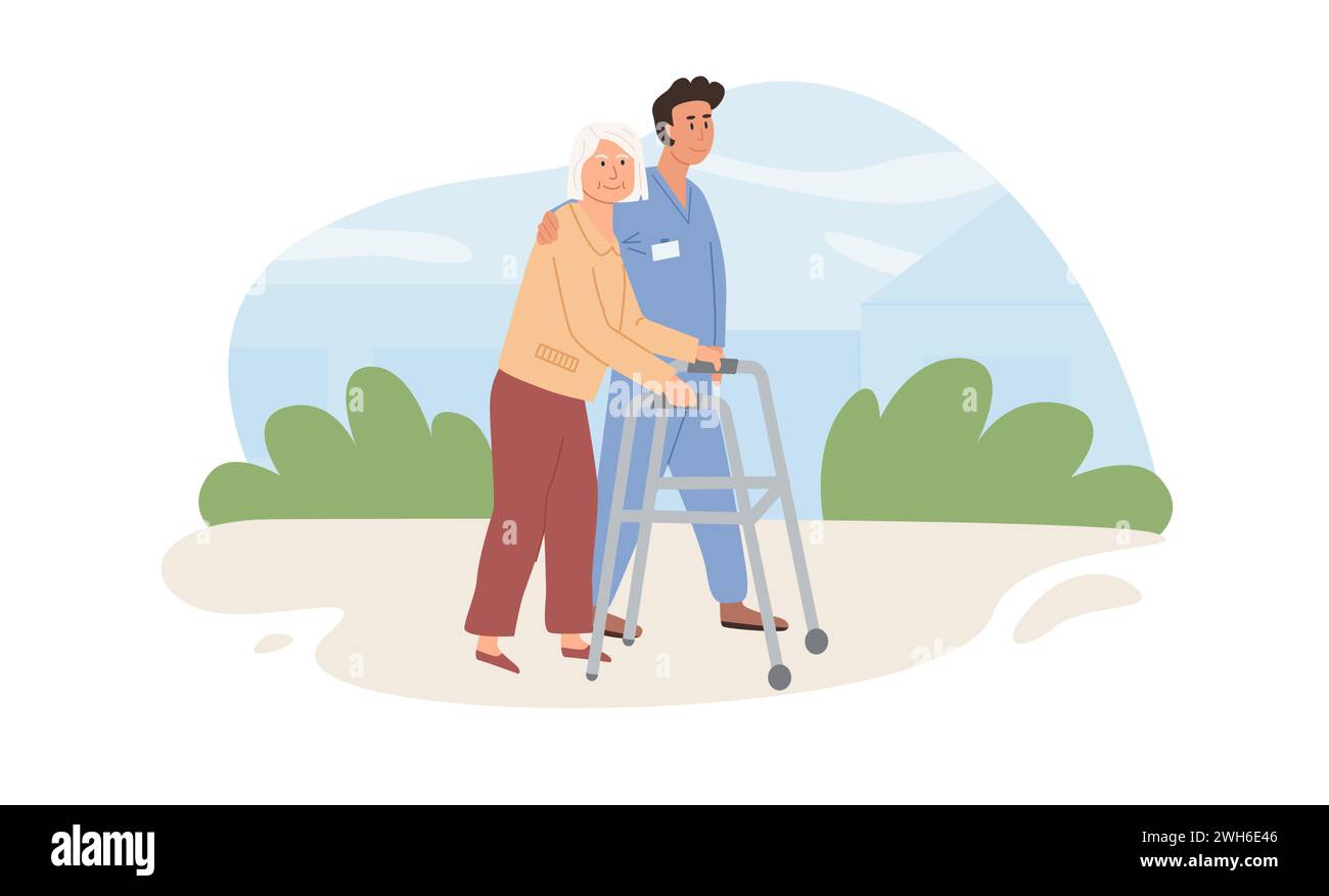 Male nurse or volunteer helps elderly patient with orthopedic walker ...