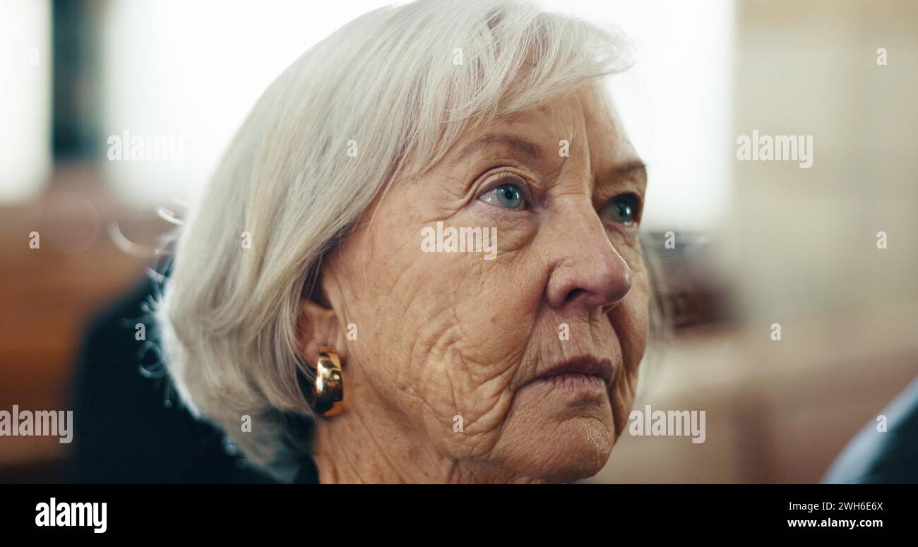 Church, service and face of senior woman at a funeral for final goodbye ...