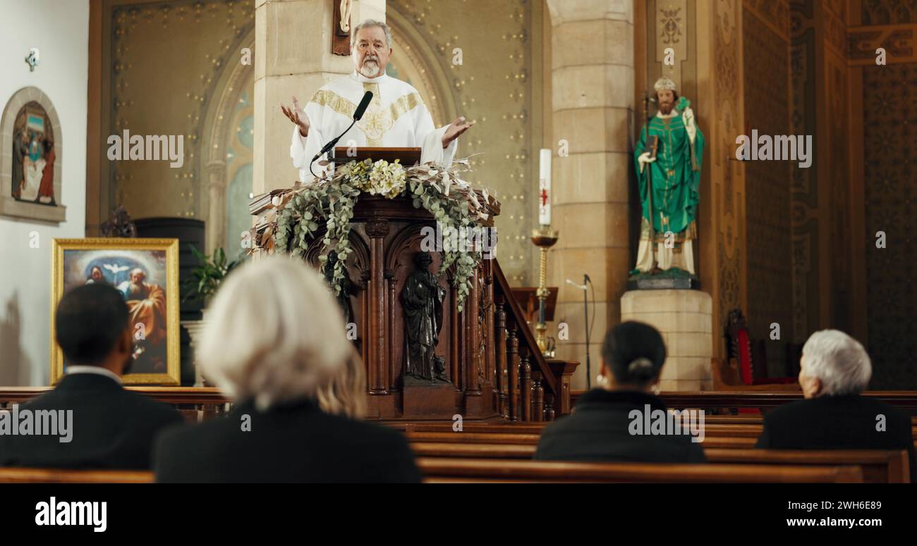 Religion, priest and man preaching in church for sermon, heaven and ...