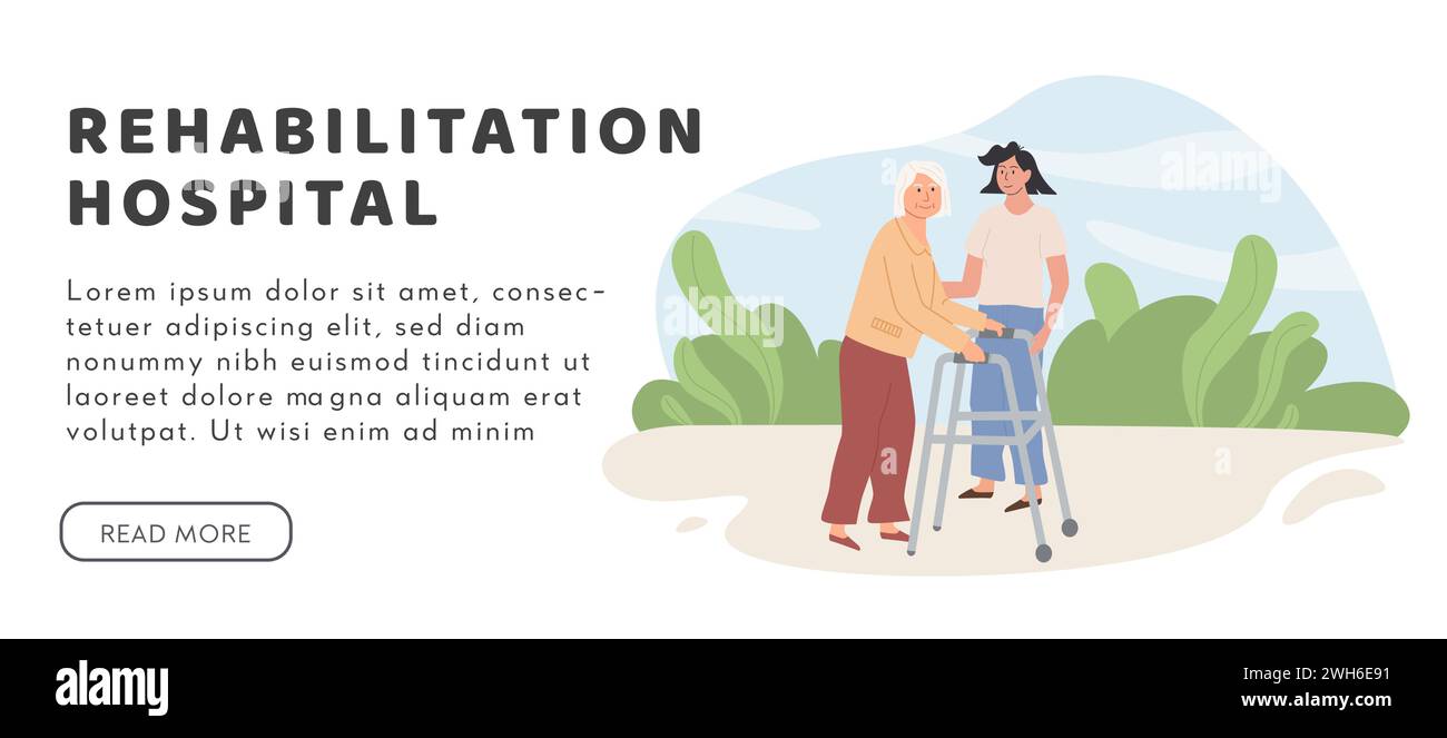 A caregiver and old age woman with orthopedic walker outdoor. Assisted ...