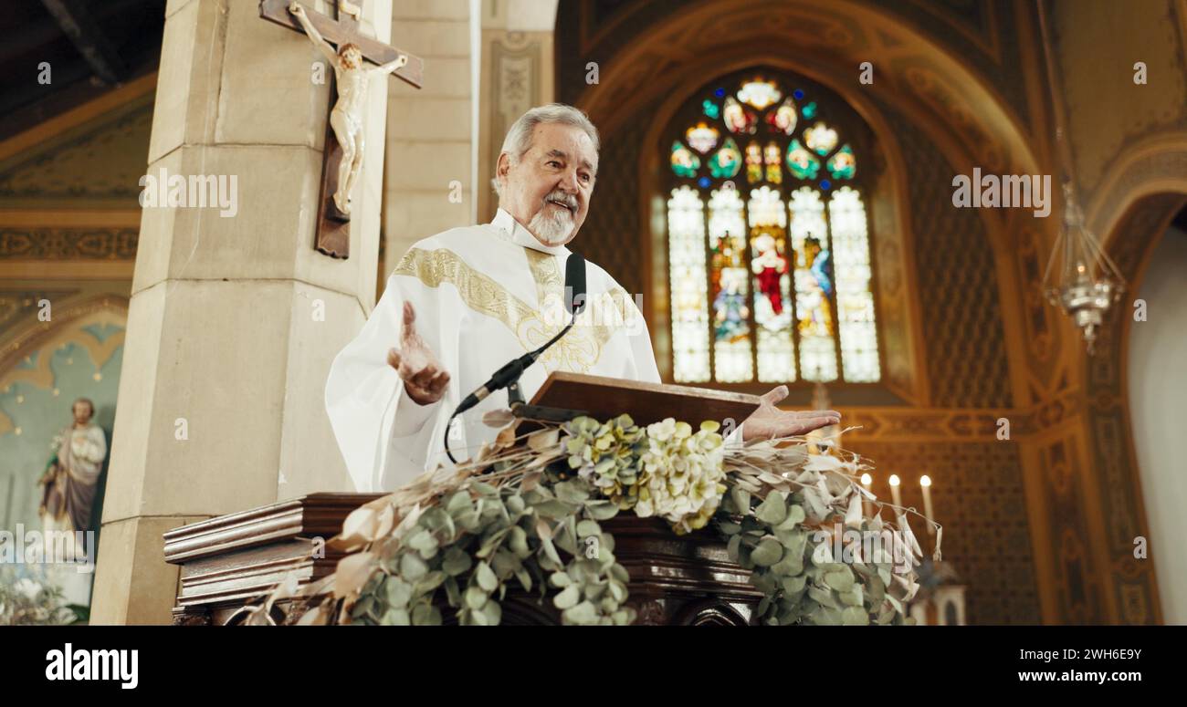 Religion, priest and man preaching in church for sermon, heaven and ...