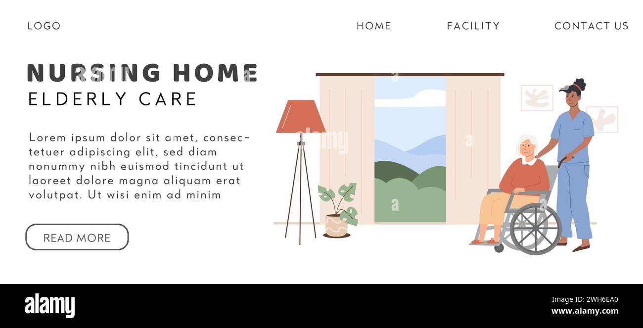 Concept of nursing home. A caregiver with old age woman on wheelchair ...