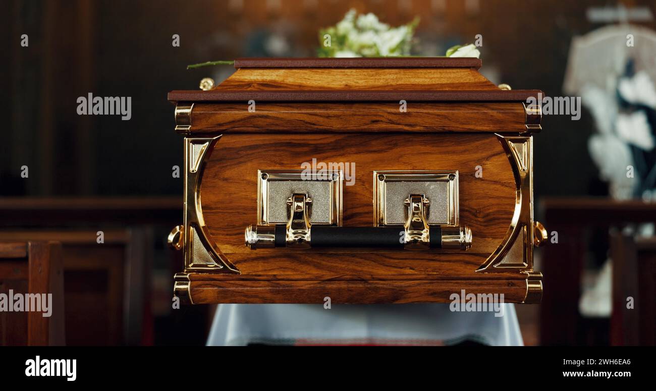 Casket, church and funeral with service in closeup, zoom or event to ...