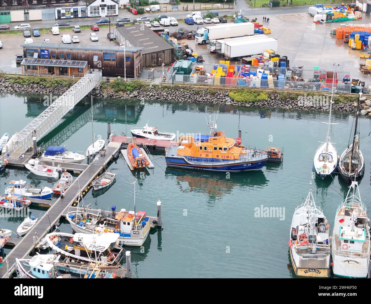 Newlyn RNLI lifeboat mooredUK drone,aerial Stock Photo - Alamy