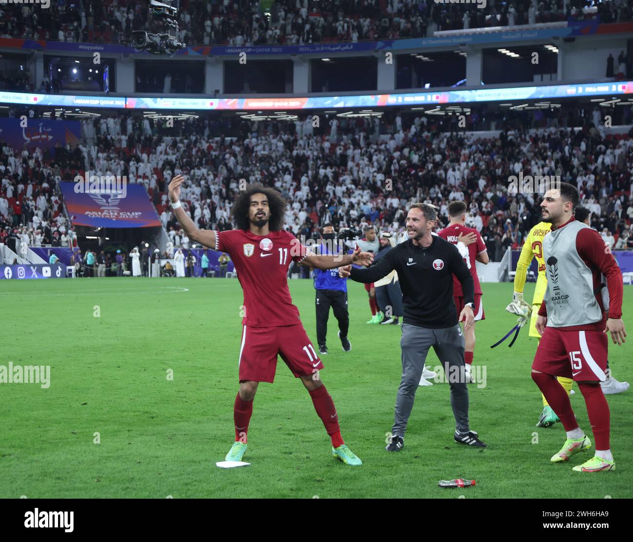 DOHA, QATAR - FEBRUARY 07: players Akram Afif of Qatar celebrates ...