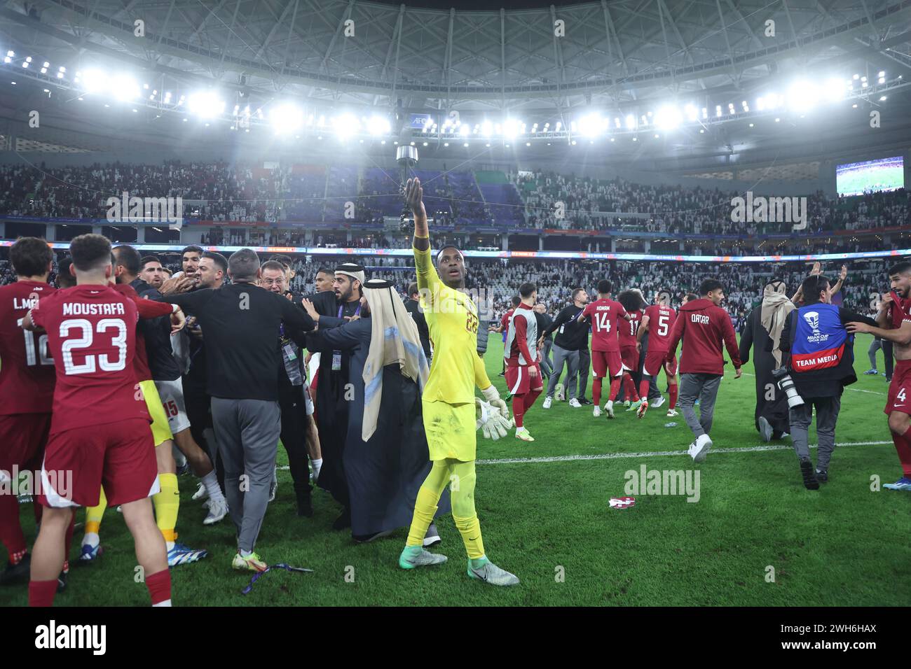 DOHA, QATAR - FEBRUARY 07: players Meshaal Barsham of Qatar celebrates ...
