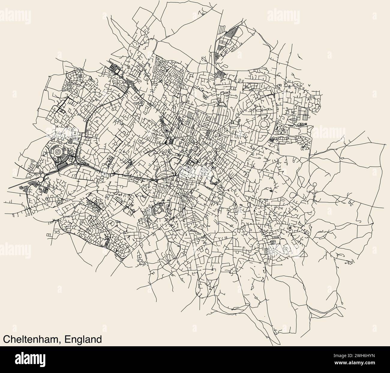 Street roads map of the British city of CHELTENHAM, ENGLAND Stock ...