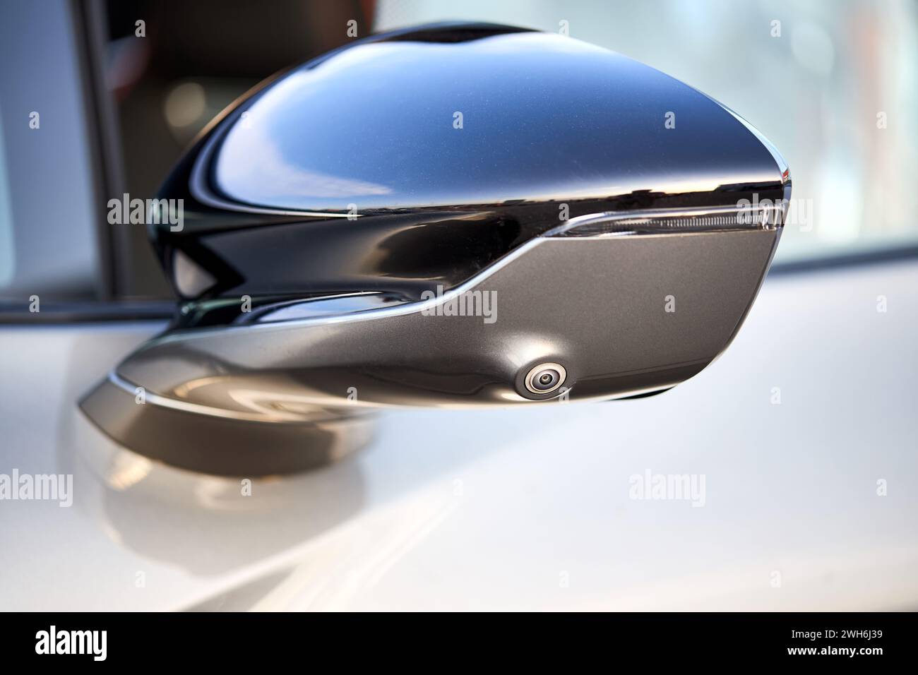Luxury car detail left back mirror with parking camera and side ...