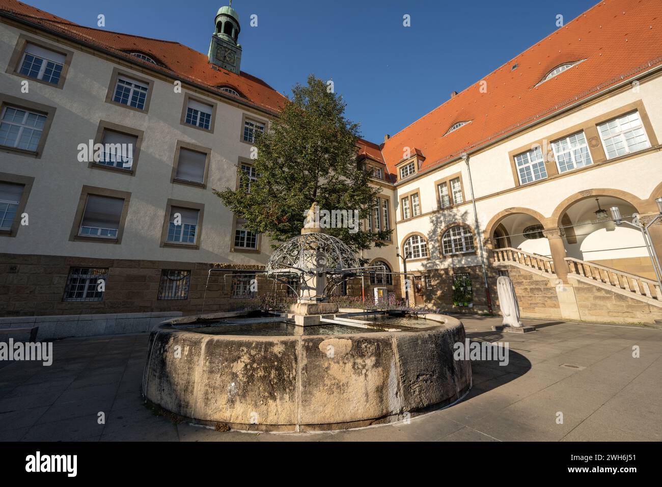 Historic fountains on the town hall square in Stuttgart Feuerbach. In ...