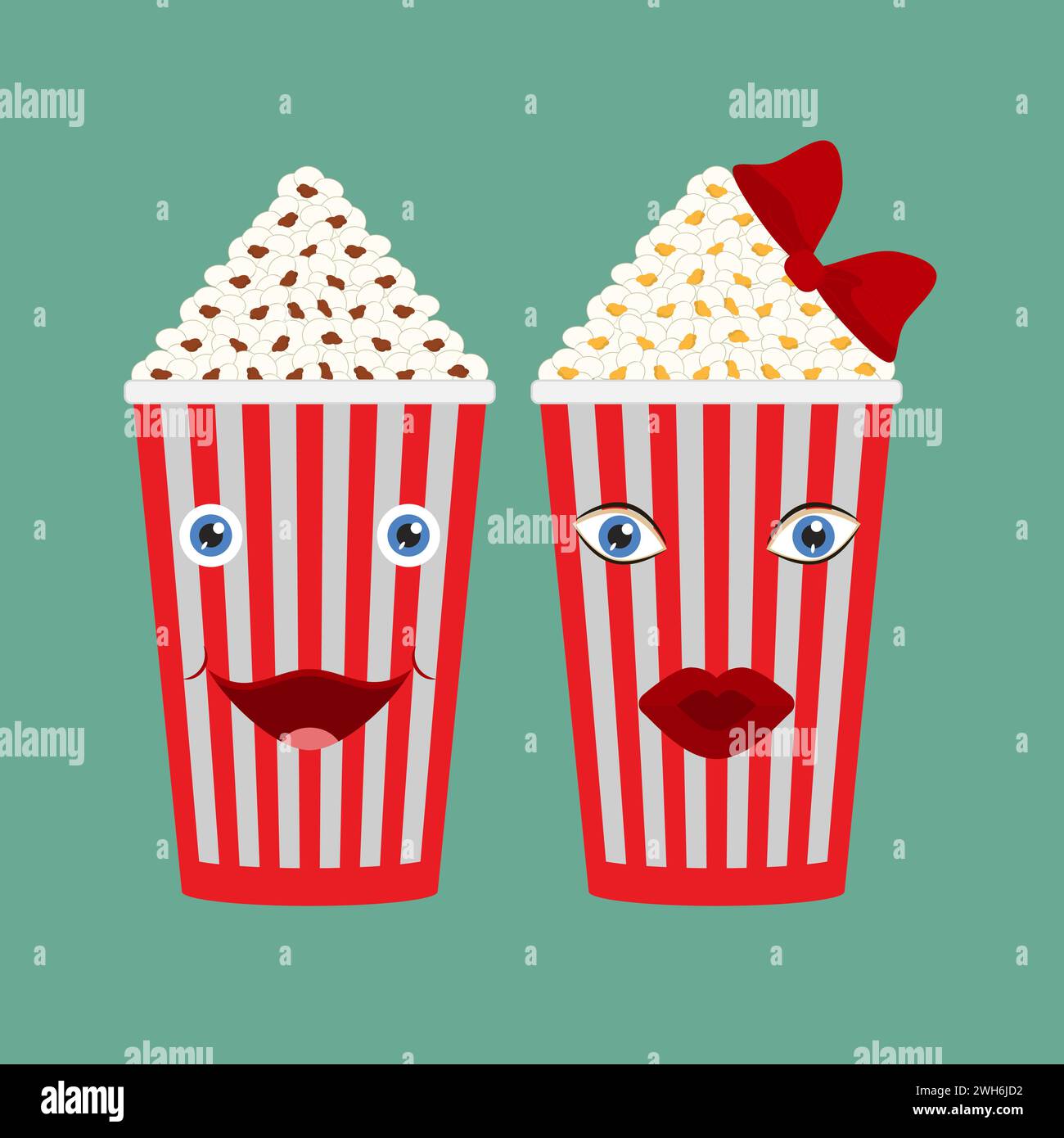 Two full cartoon buckets of popcorn with faces. Isolated vector ...