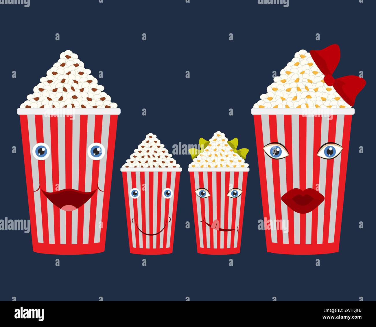 Cartoon full buckets of popcorn with faces. Vector illustration Stock ...