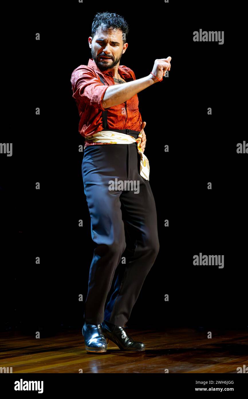 A male flamenco dancer with a focused expression and dynamic gesture ...