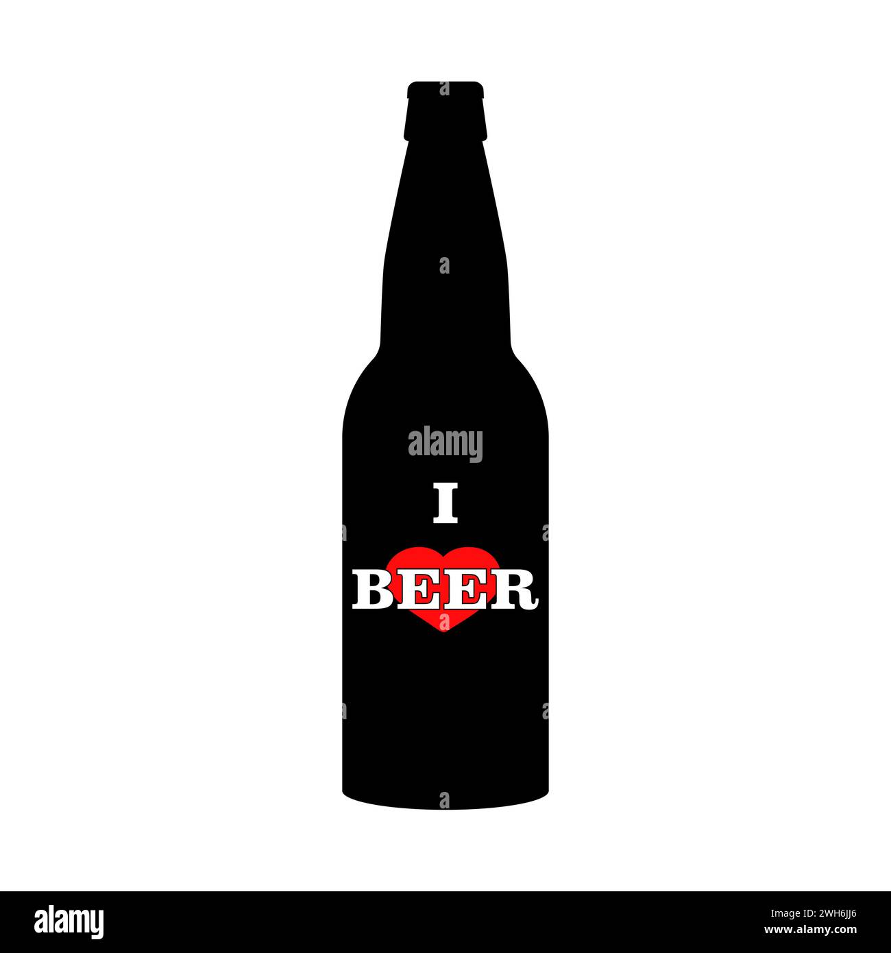 Beer bottle frame with red heart and text. Black silhouette. Isolated ...