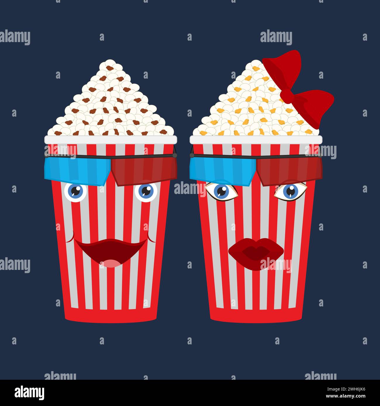 Two full cartoon buckets of popcorn with a female and a male face ...