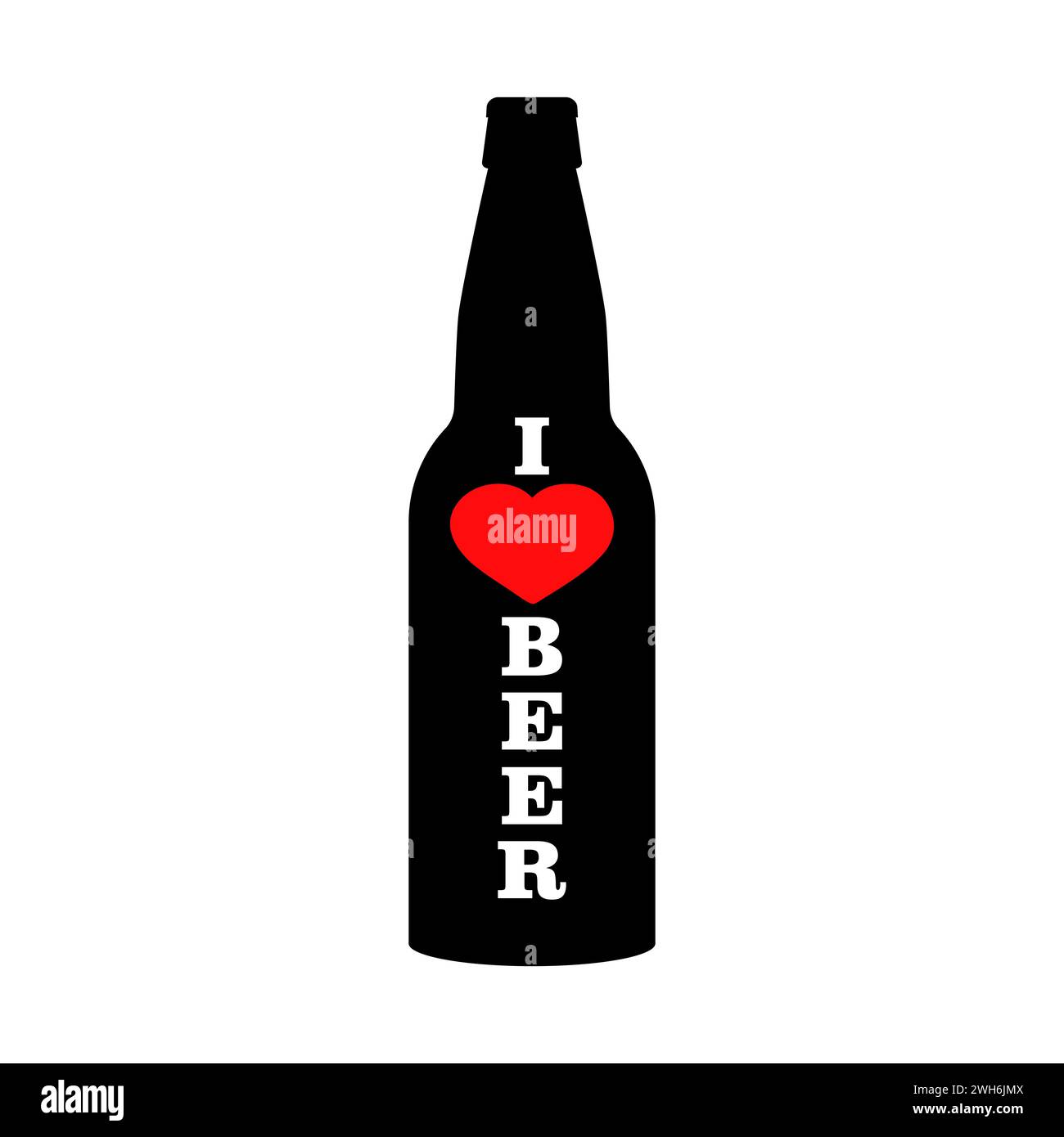 Beer bottle frame with red heart and text. Black silhouette. Isolated ...