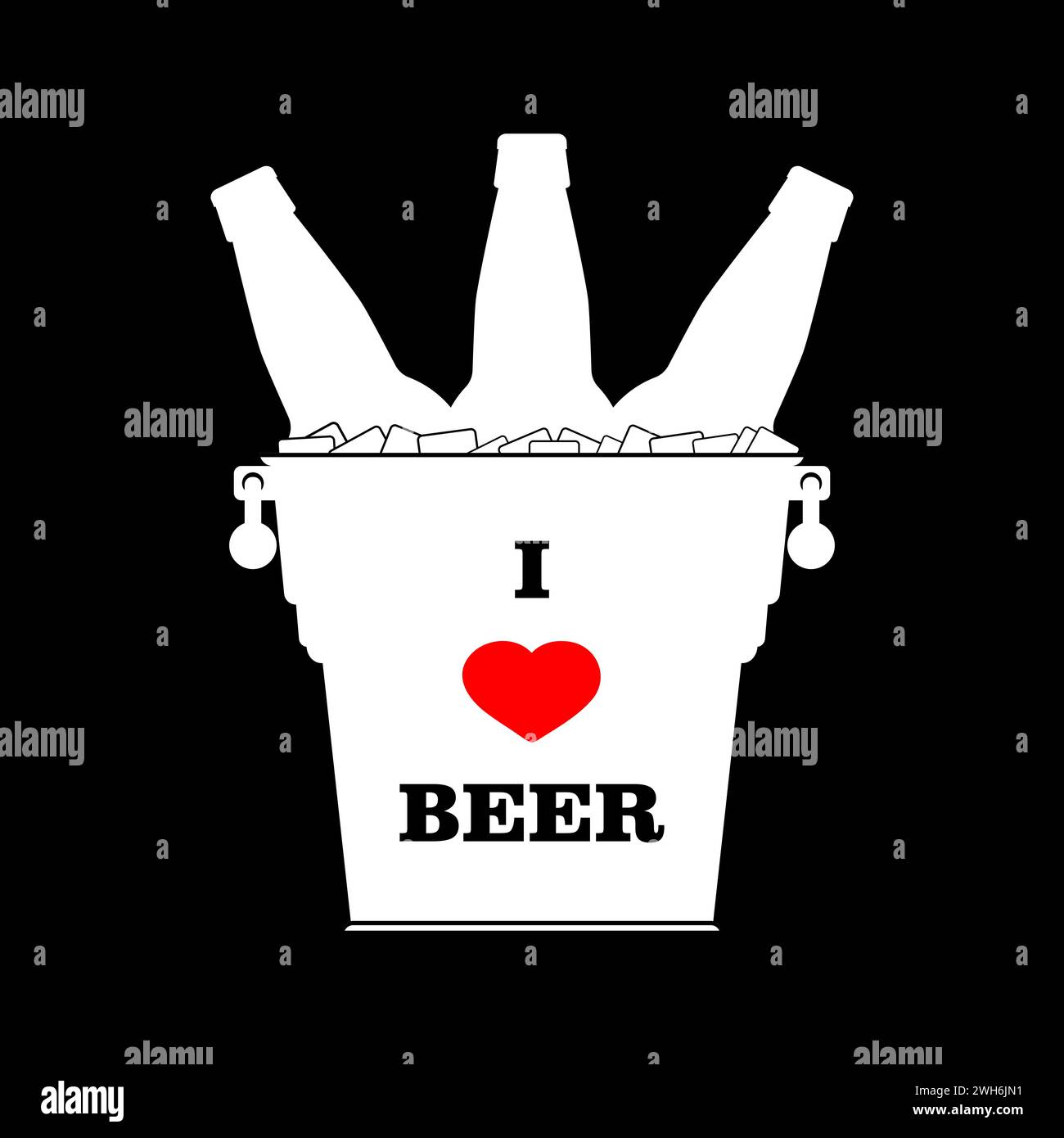 Metal beer bucket full of ice with beer bottles and red heart. White ...