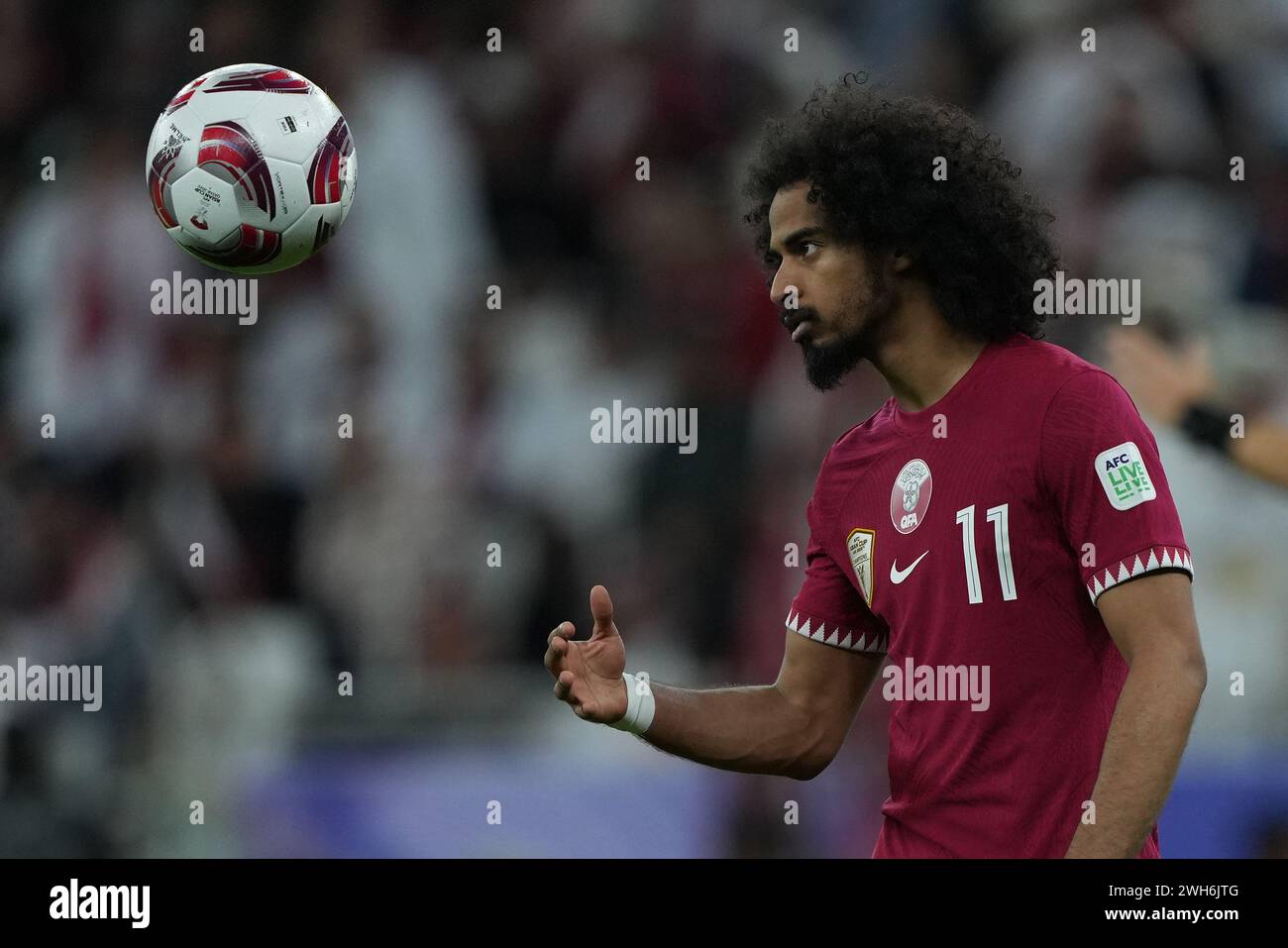 DOHA, QATAR - FEBRUARY 07: Akram Afif of Qatar reacts on during the AFC ...
