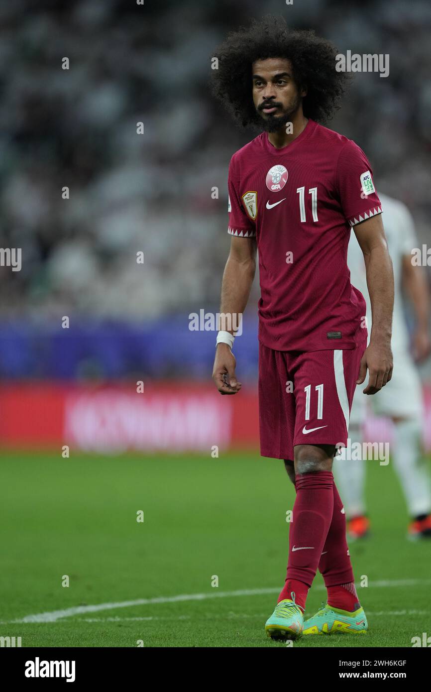 DOHA, QATAR - FEBRUARY 07: Akram Afif of Qatar looks on during the AFC ...