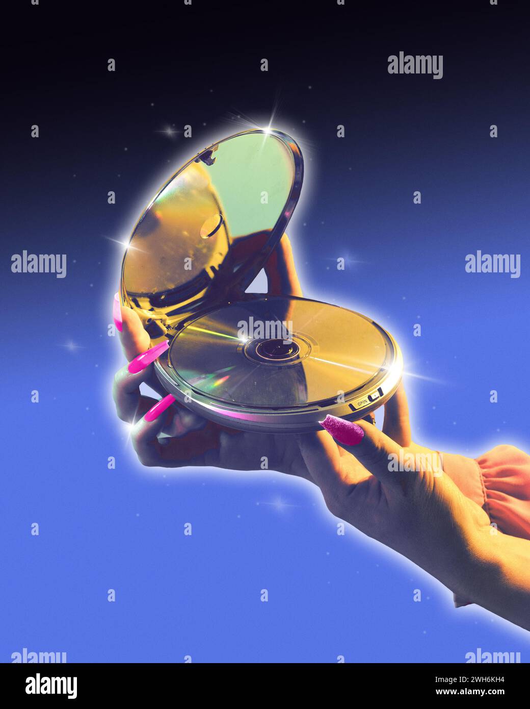 Poster. Modern aesthetic artwork. Hand holds vintage CD compact player ...