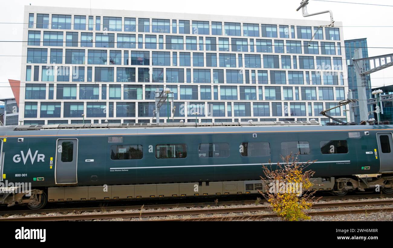 GWR Great Western train approaching Cardiff Railway Station and view of ...