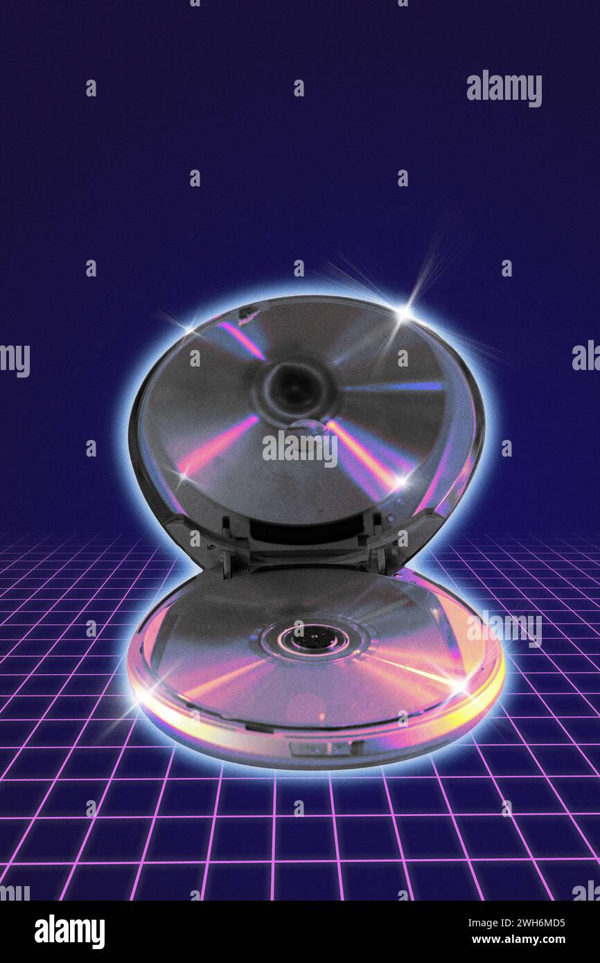 Poster. Modern aesthetic artwork. Vintage CD compact player against ...