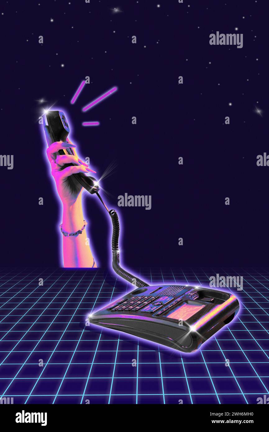 Poster. Modern aesthetic artwork. Female hand vintage landline ...