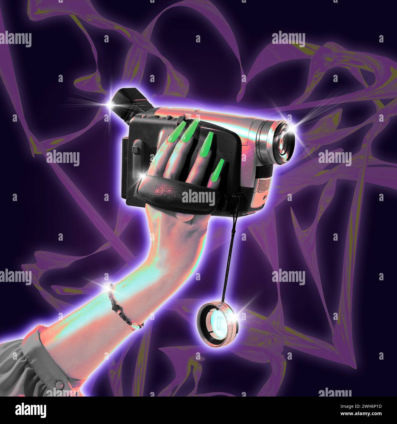 Poster. Modern aesthetic artwork. Female hand holds vintage video ...