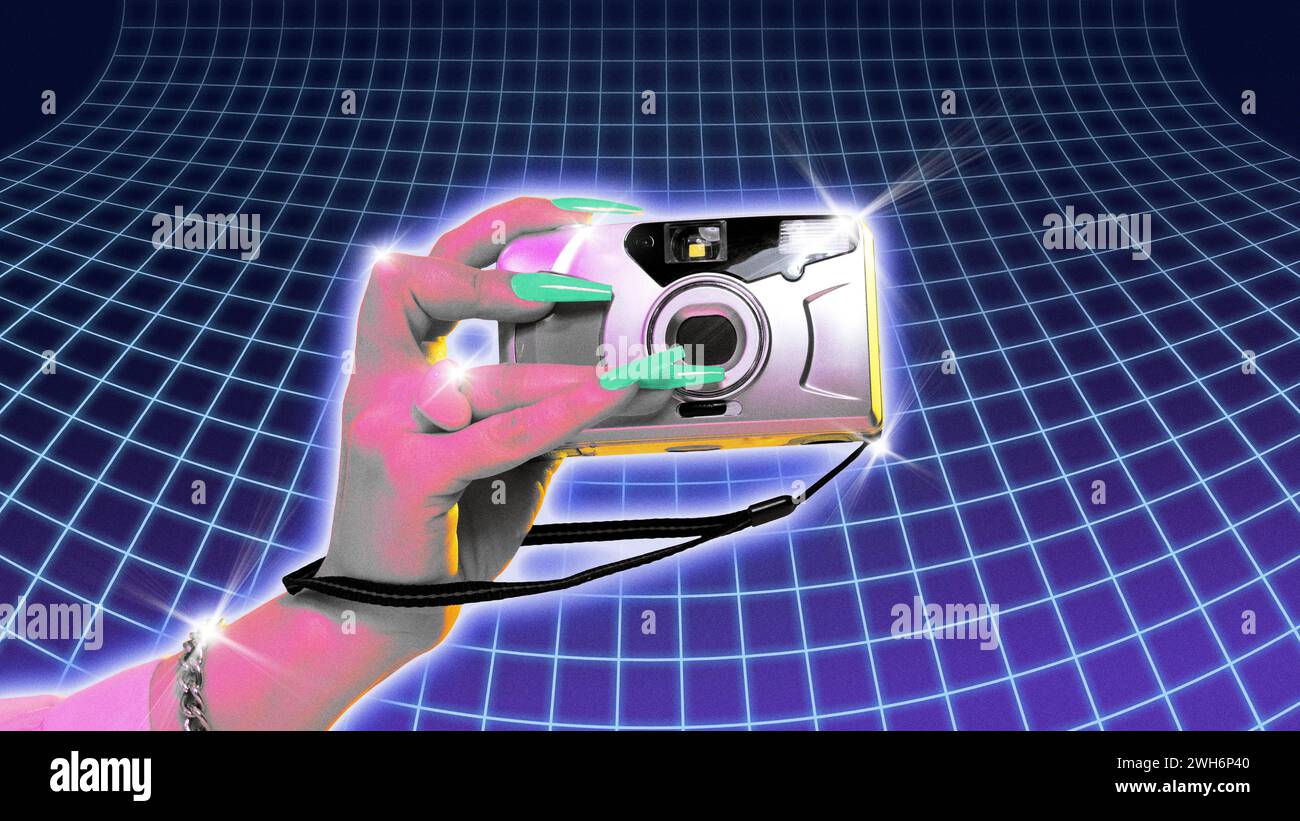 Poster. Contemporary art collage. Female hand make photoshoot on ...