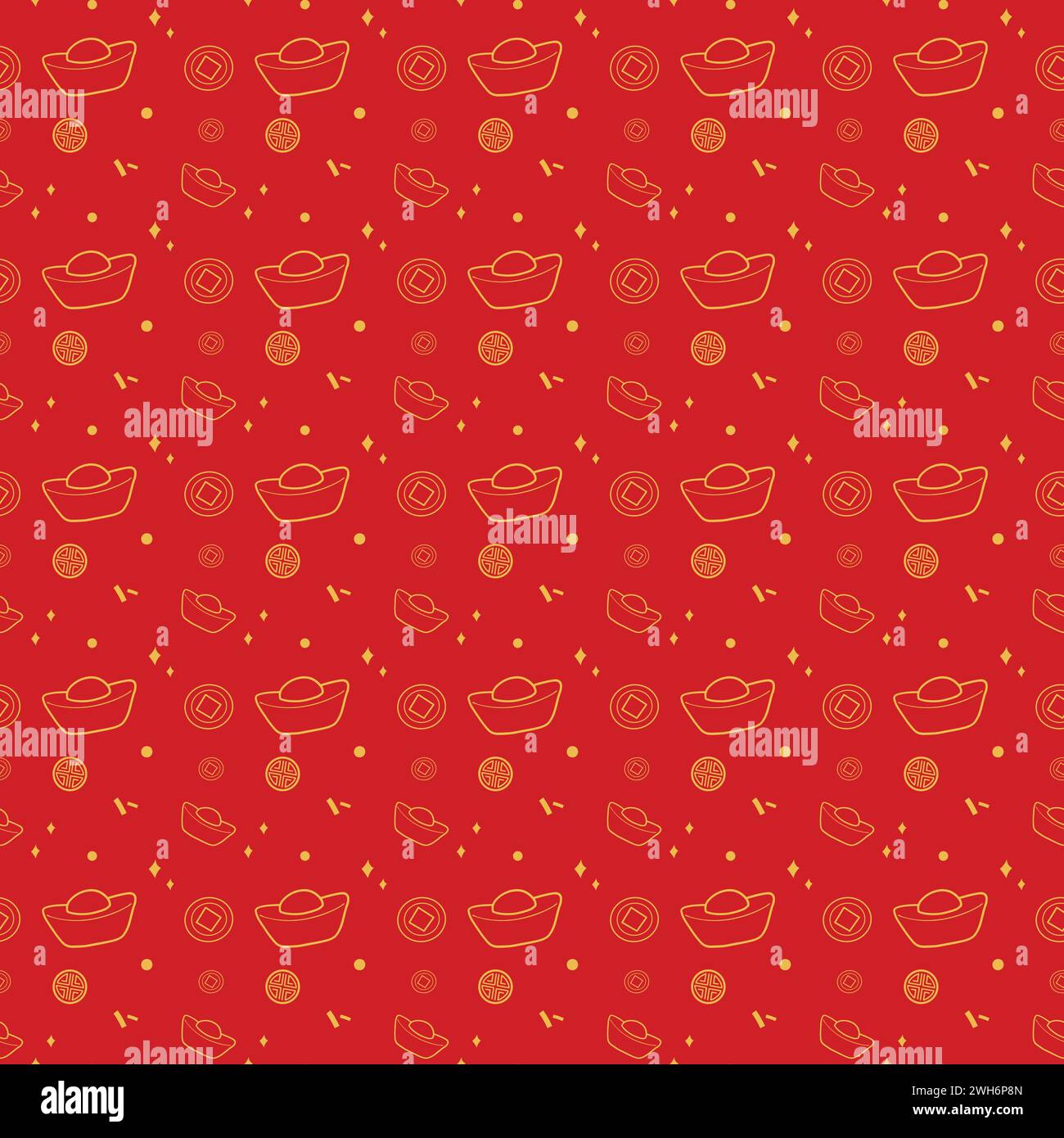 Chinese new year gold ingot outline seamless pattern on red background ...