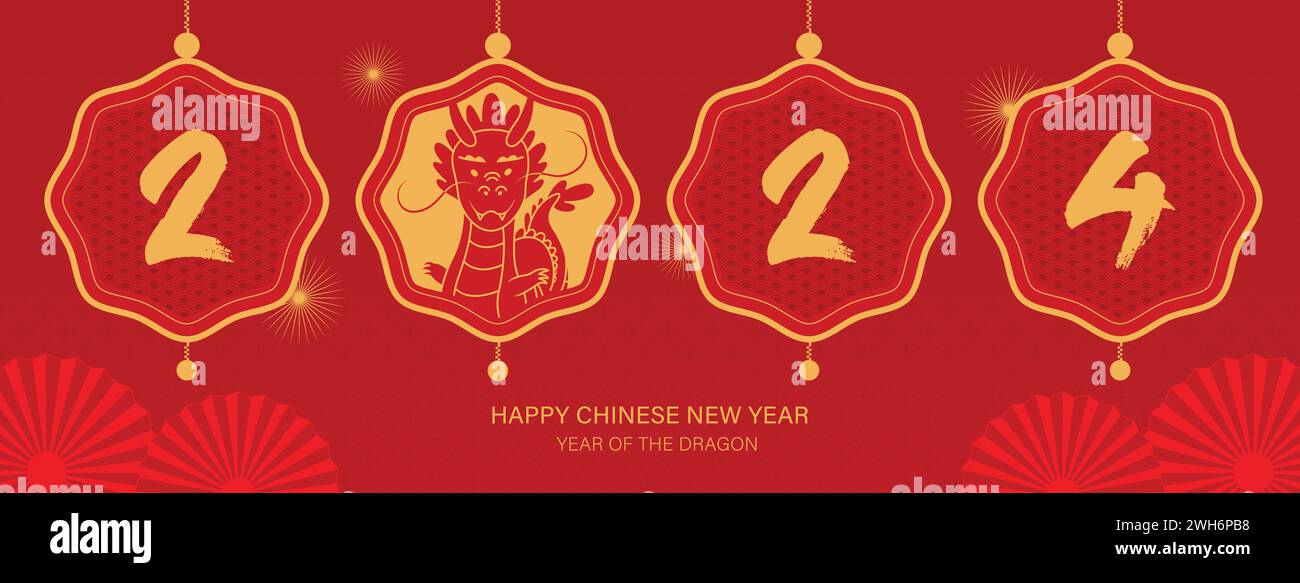 Red Chinese new year banner background for 2024 year of dragon, vector ...