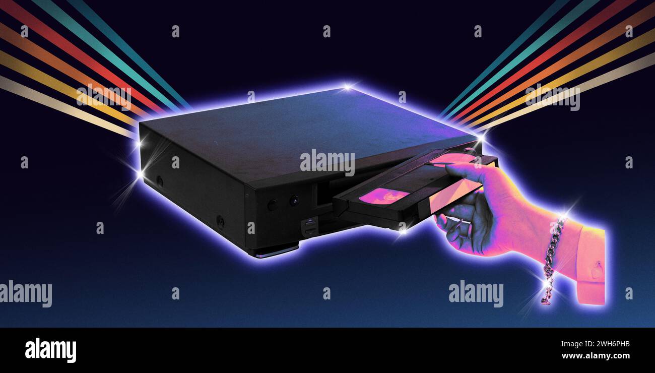 Poster. Modern aesthetic artwork. Female hand inserts a video cassette ...