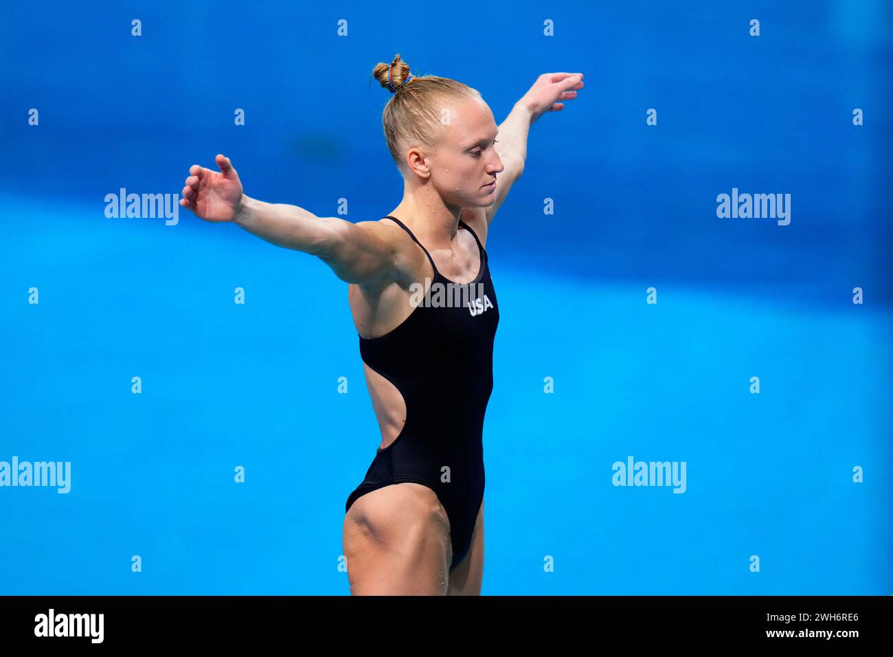 Sarah Bacon of the USA gets ready to dive during the women's 3m ...