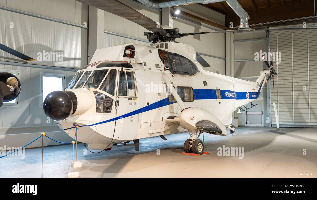 Vintage model of italian helicopter in exhibition inside the Italian ...