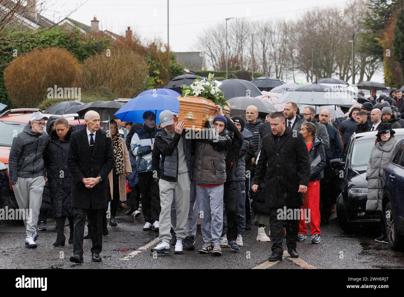 The coffin of Blake Newland is carried out of the home of his ...