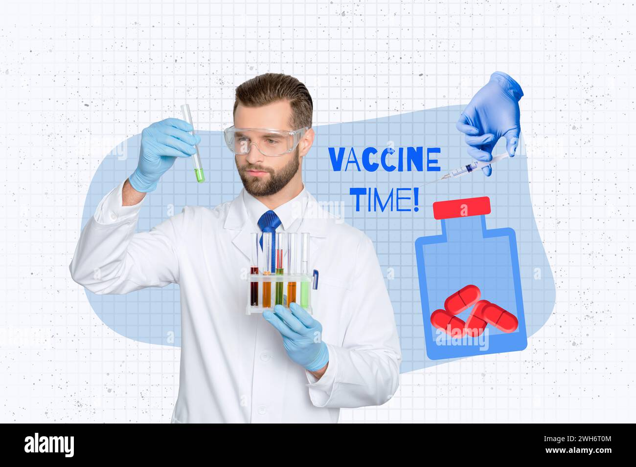 Horizontal photo collage of man doctor scientist hold test tube ...