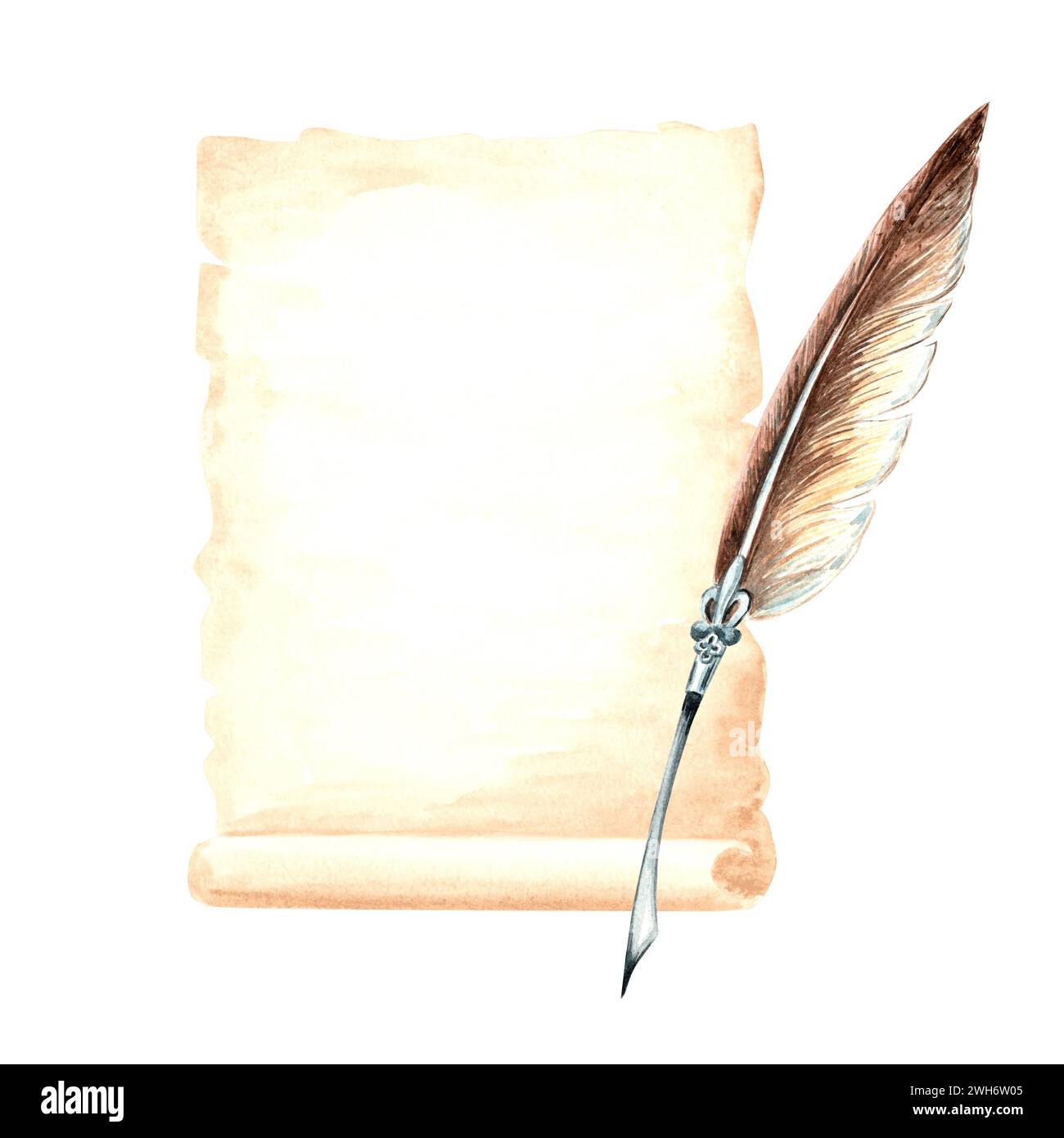 Sheet of parchment paper with elegant feather pen. Vintage writing ...