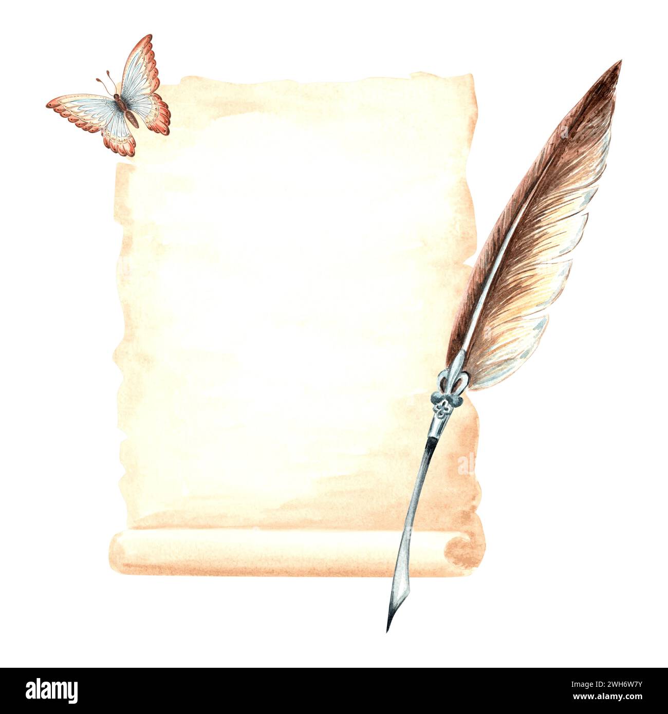 Sheet of parchment paper with elegant feather pen and butterfly ...