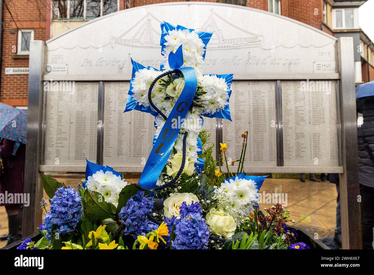 Hull, UK, 08 February 2024, memorial to the sinking of Hull trawler the ...