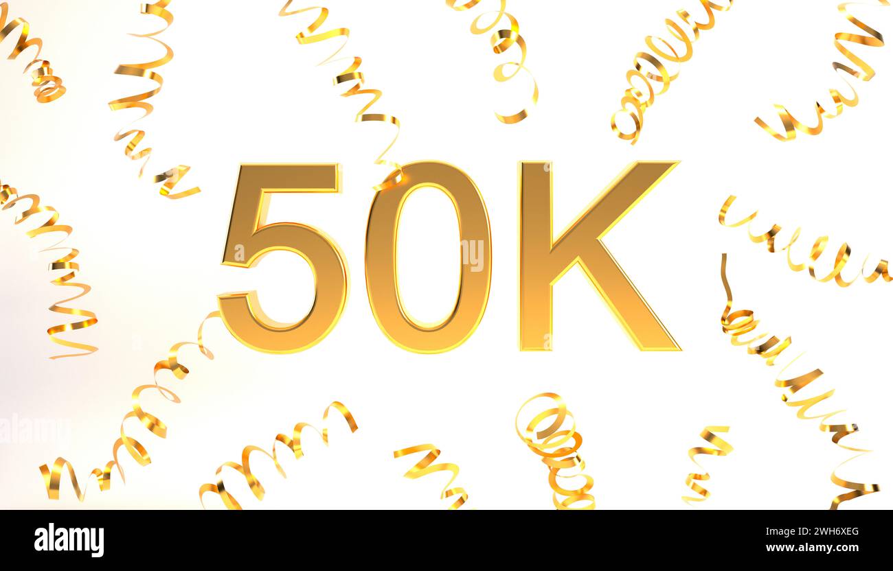 50K followers symbol with confetti 3d rendering. Gold 50k 3d number ...