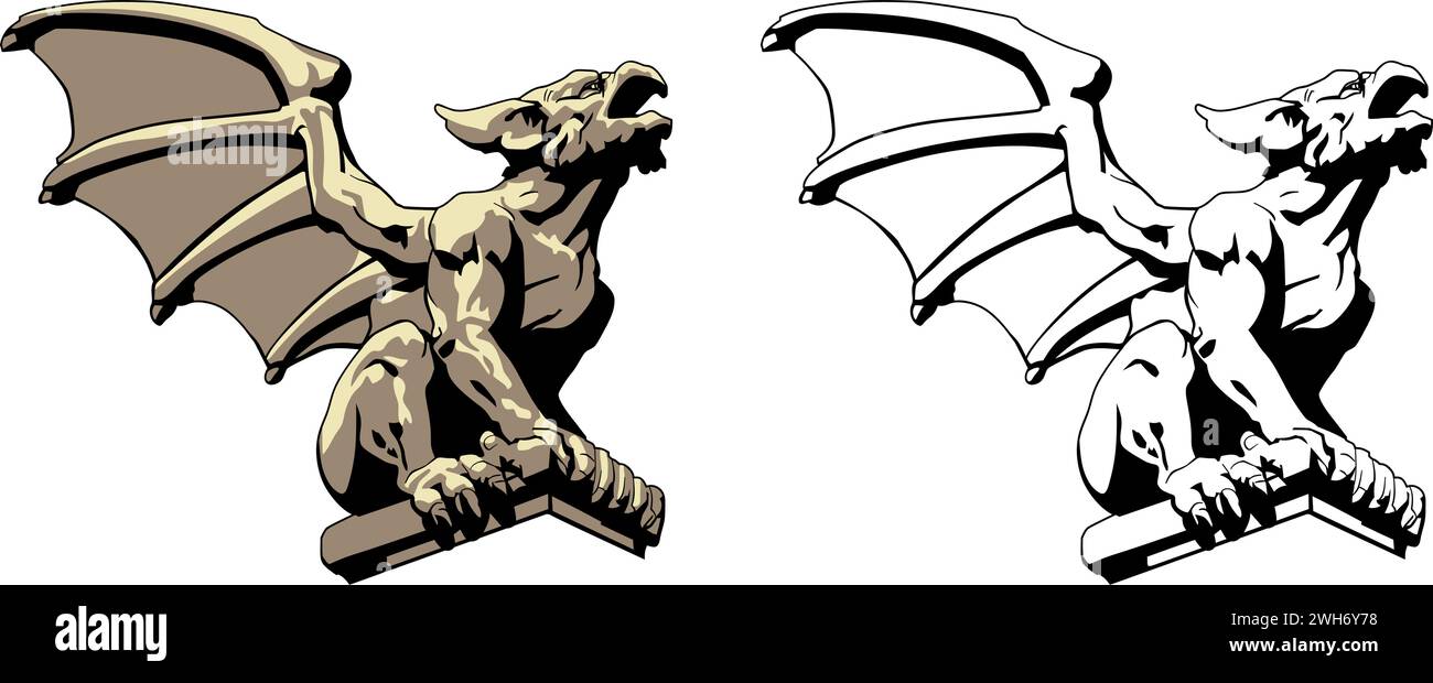 stone gargoyle with webbed wings looking up at the sky Stock Vector ...