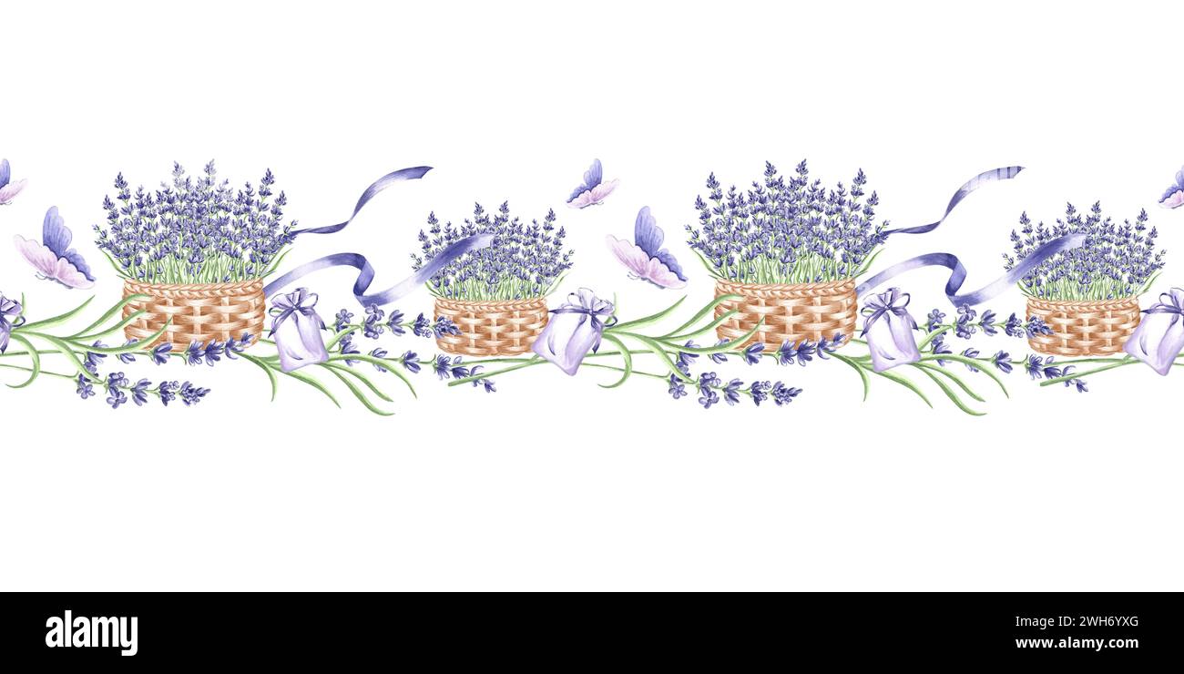 Seamless border of baskets with purple lavender flowers, ribbons and ...