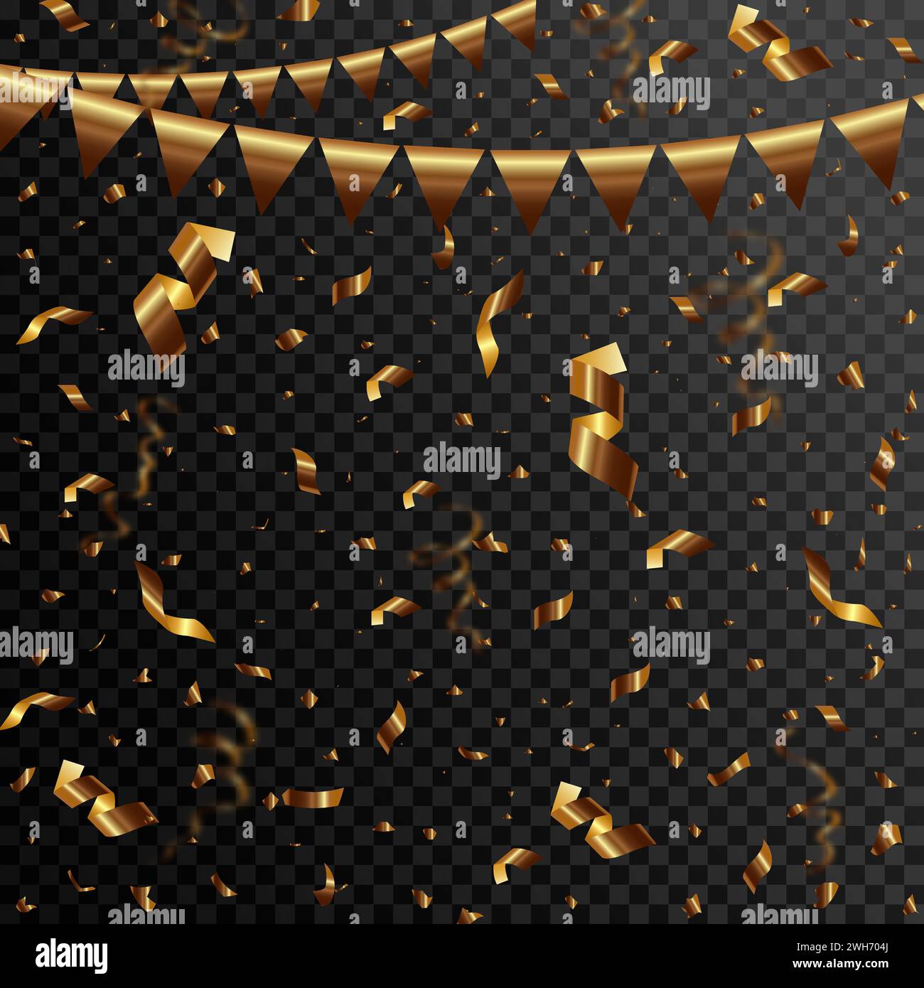 Gold confetti celebration. Golden serpentine confetti at party on black ...