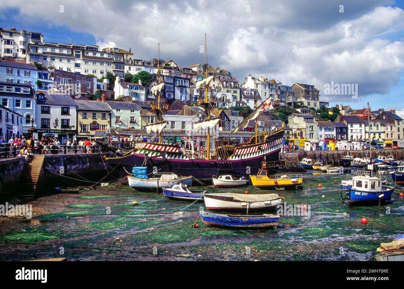 The replica of Golden Hind, Brixham Harbour, low tide level, Devon ...