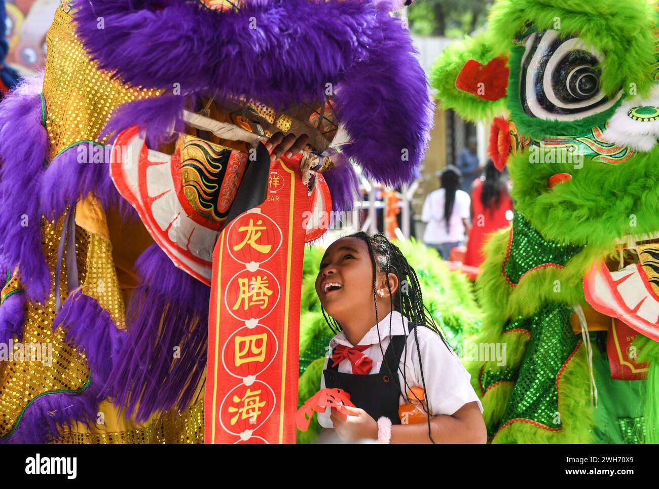 Nairobi, Kenya. 7th Feb, 2024. A child interacts with lion dance ...
