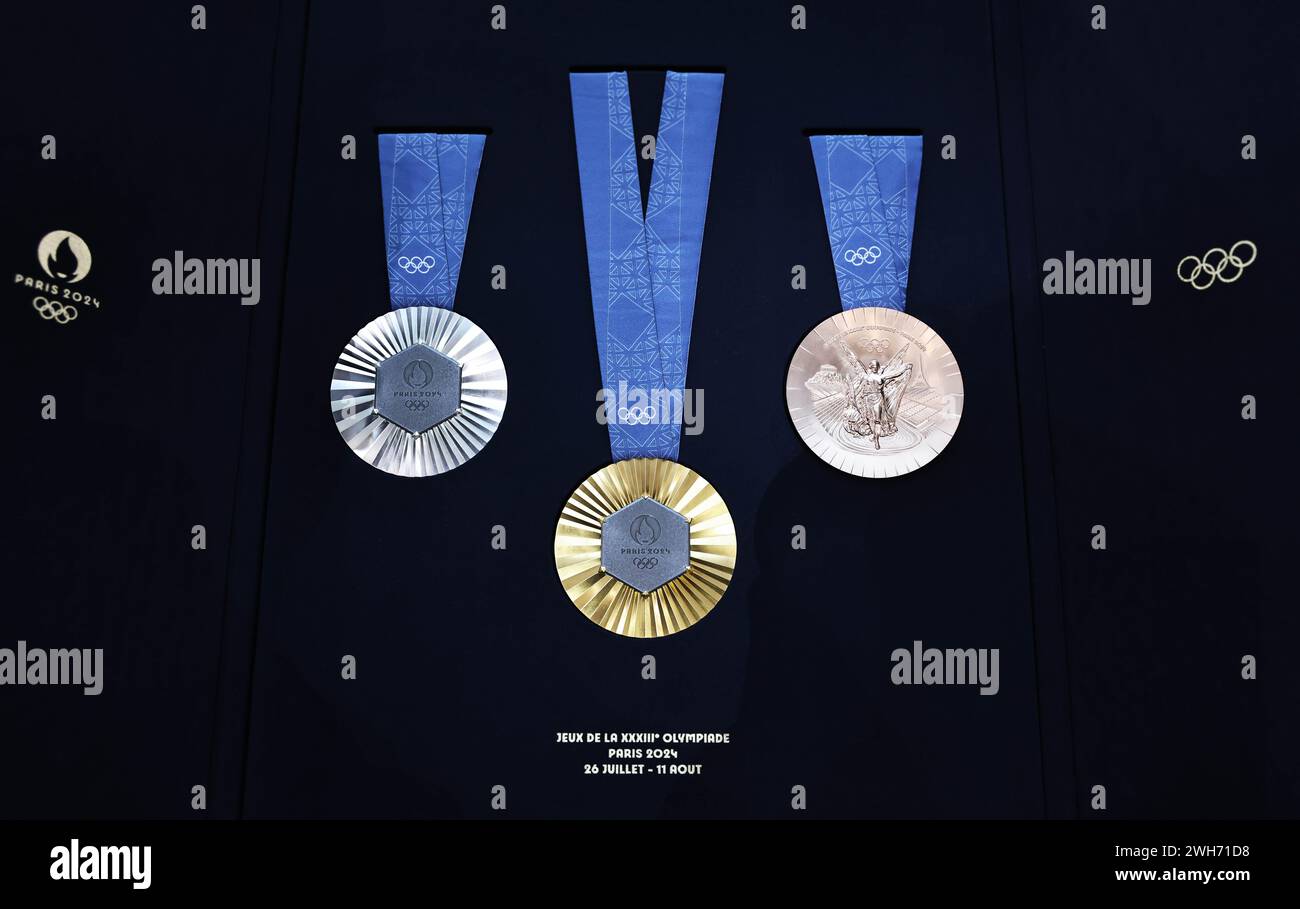 Saint Denis. 8th Feb, 2024. Paris 2024 Olympic medals are seen during ...