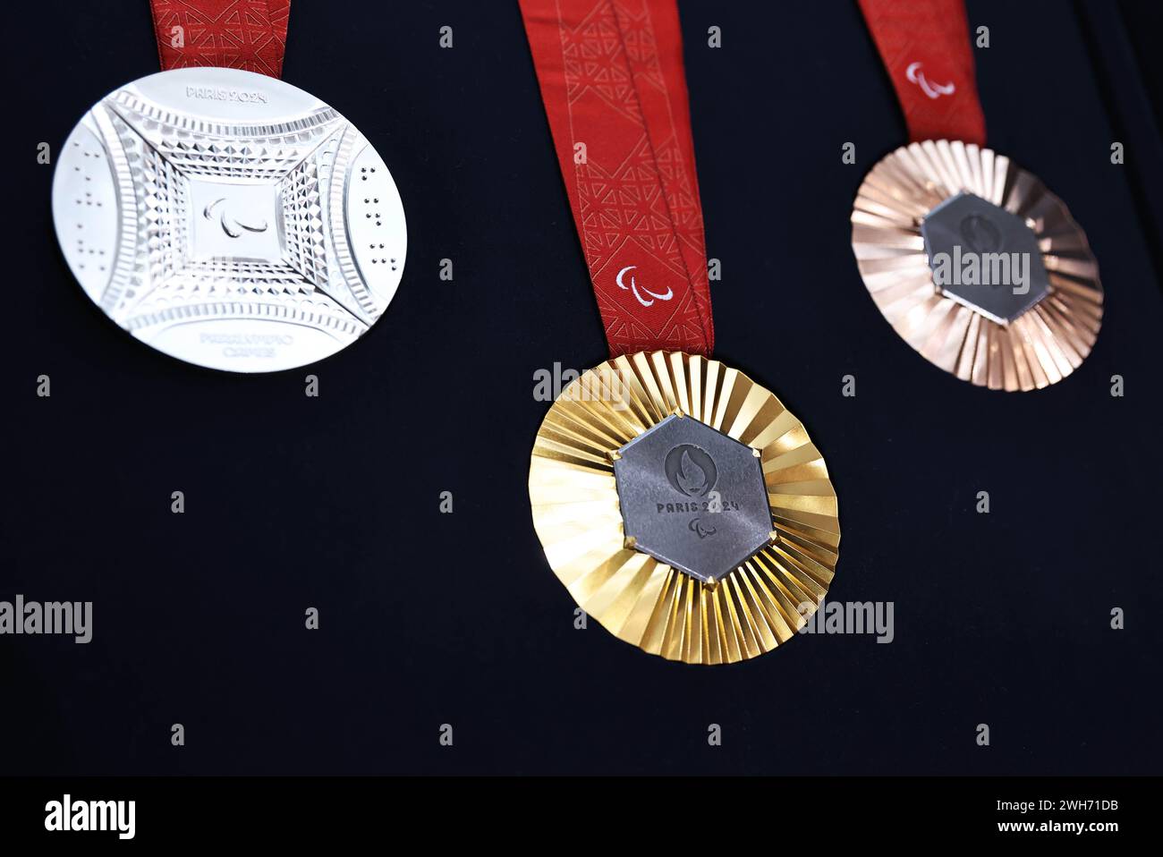 Saint Denis. 8th Feb, 2024. Paris 2024 Paralympic medals are seen ...