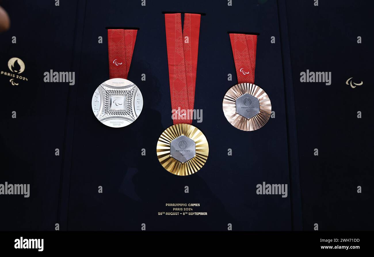 Saint Denis. 8th Feb, 2024. Paris 2024 Paralympic medals are seen ...