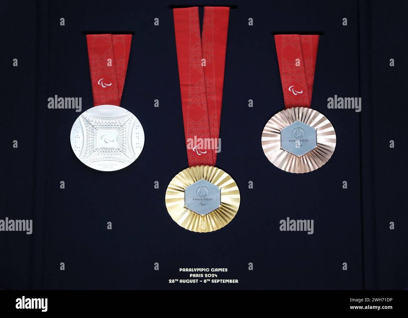 Saint Denis. 8th Feb, 2024. Paris 2024 Paralympic medals are seen ...