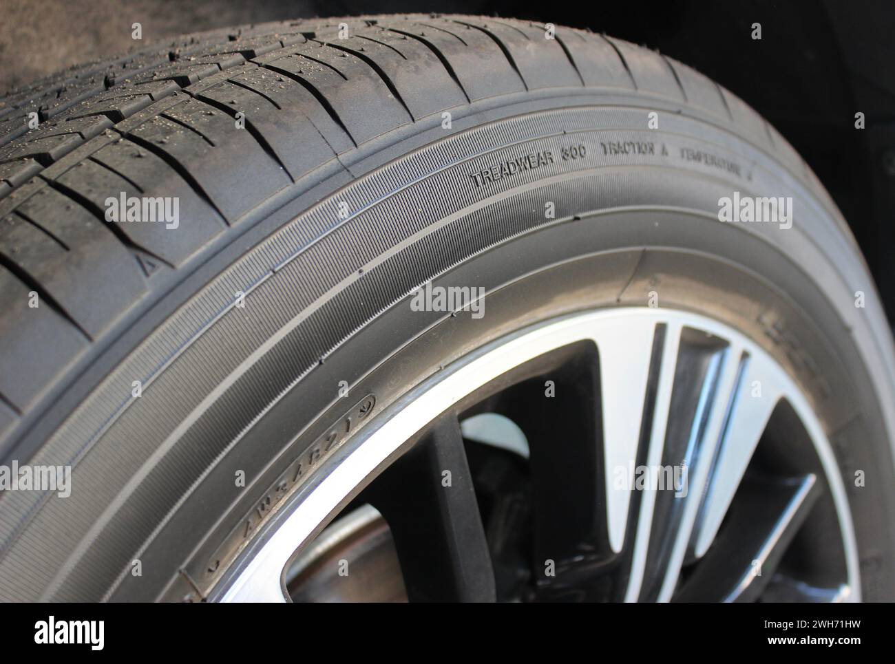 Small pieces of soil stuck to the surface of a car tire closeup/Sand on ...